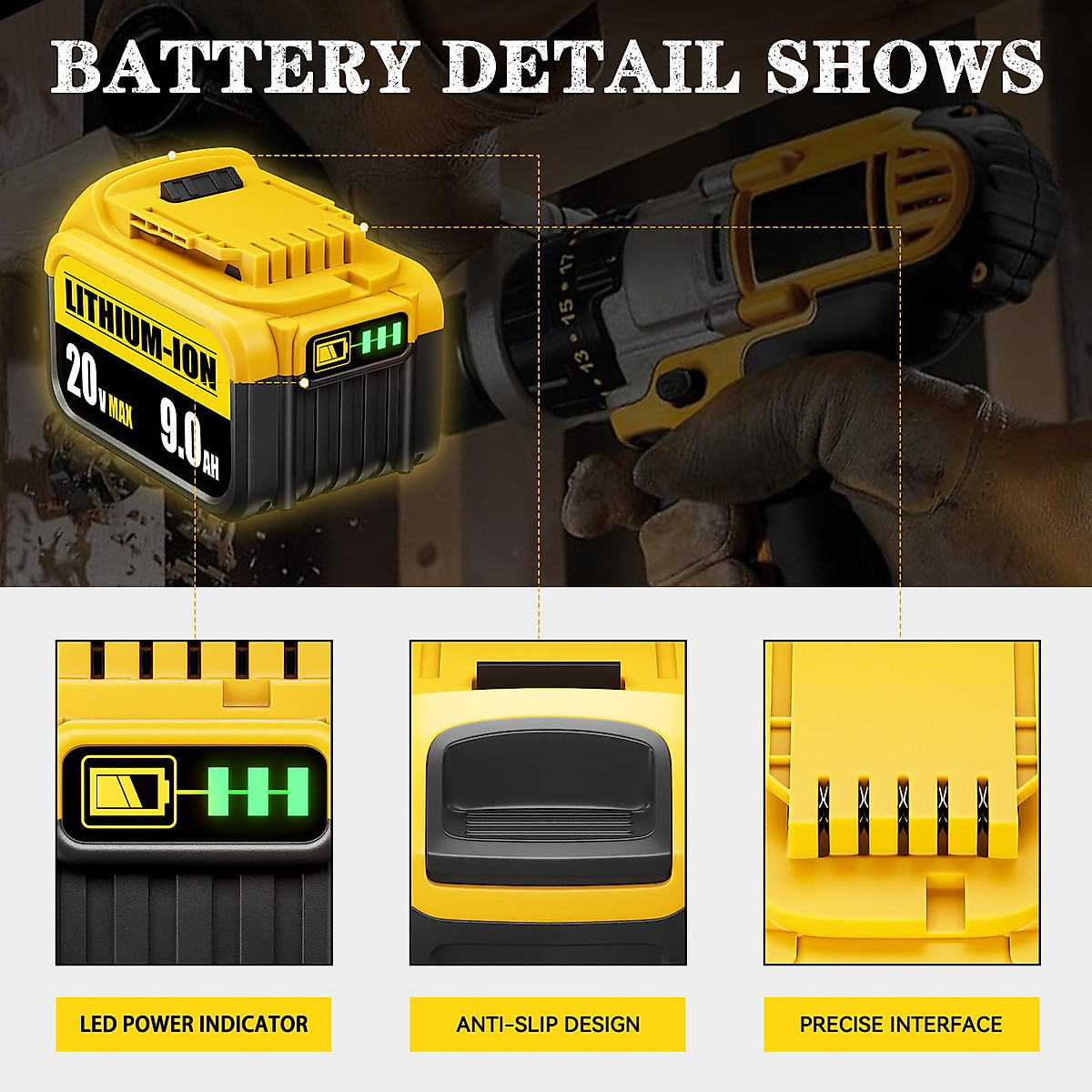 2Pack DCB200 9.0Ah Battery Replacement for Dewalt 20V Max Battery Lithium Ion Compatible with Dewalt Battery DCB204 DCB206 DCB201 DCB203 DCD DCF DCG Series Cordless Power Tools