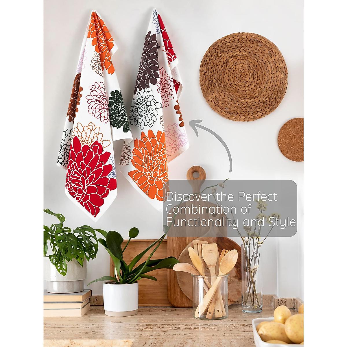 Kitchen Towels - 2-Piece Set of Absorbent Cotton Dishcloths (20x30 in), Durable & Oversized Farmhouse Design with Elegant Floral Pattern, Hanging Loop for Easy Hand & Dish Drying - White