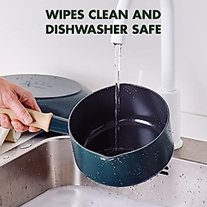 GreenPan Hudson Healthy Ceramic Nonstick, 1.75QT Saucepan Pot, Vintage Wood Inspired Handle, PFAS-Free, Dishwasher Safe, Forest Green