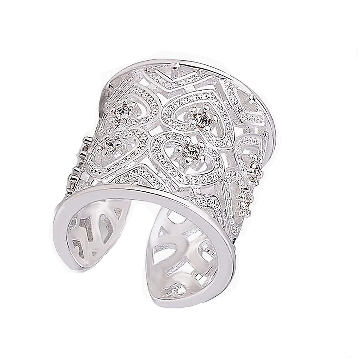 Naivo Retro Europe Style Rose Gold Plated Hollow Hears White Zircon Resizable Band Ringe (silver)