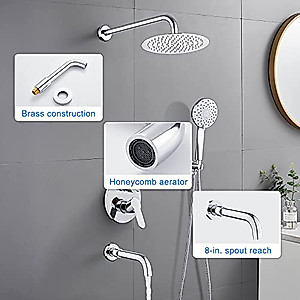 ROVOGO Tub and Shower Faucet Set, Complete Bathtub Shower System with 10-in. Round Rain Shower, 5-Function Handheld and Tub Spout, Chrome (Valve and Trim Kit Included)