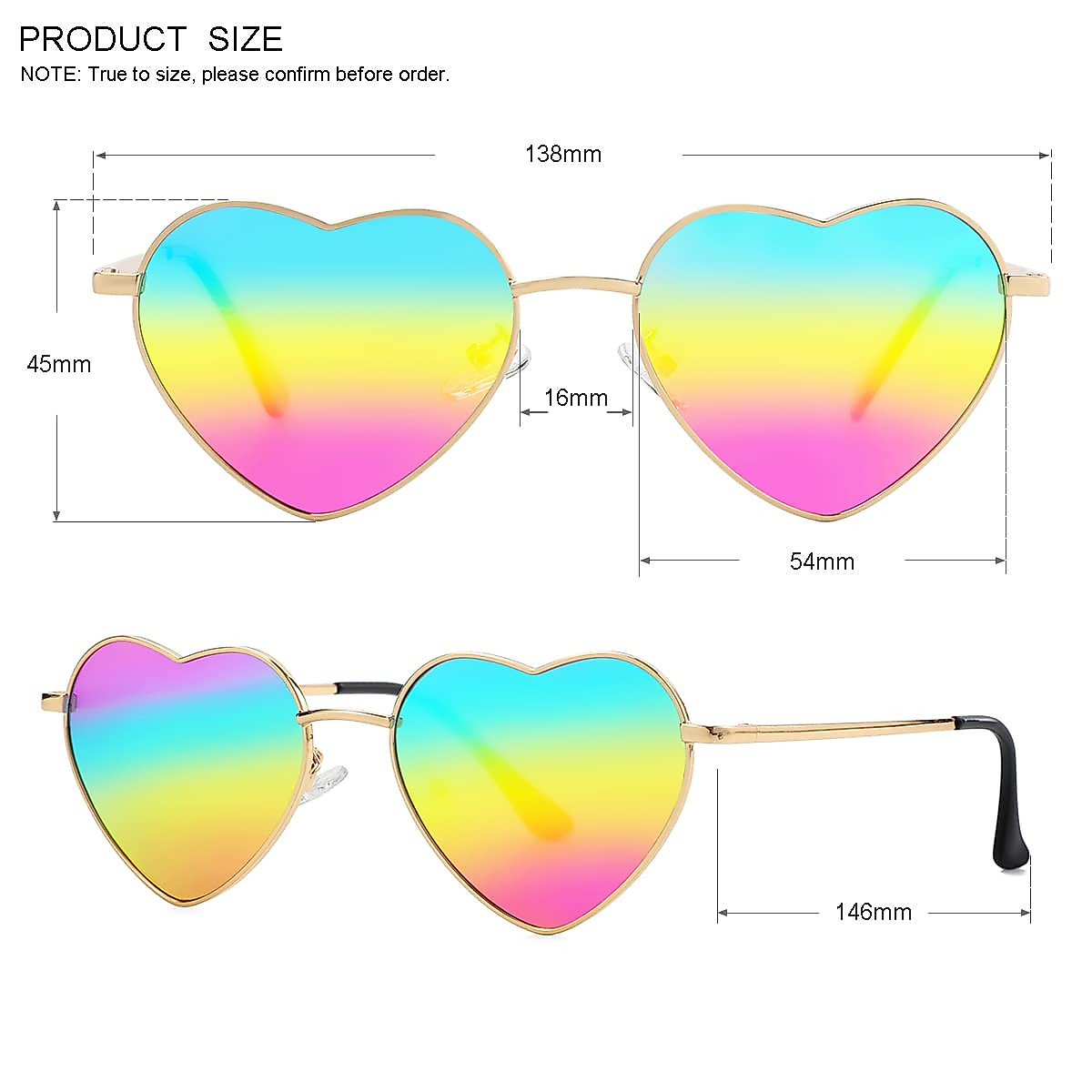 Polarized Heart Shaped Sunglasses for Women Metal Frame Cute Lovely Glasses 100% UV Protection (Gold/Rainbow Mirror)
