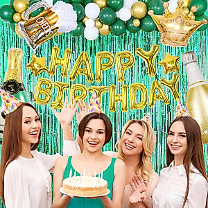 Green and Gold Birthday Party Decorations for Men Women Girls 145pcs Birthday Party Supplies Green Garland Kit Gold Happy Birthday Banner with Green Gold White Champagne Beer Balloon Decorations