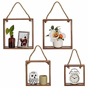 Farmlyn Creek Set of 4 Brown Square Wall Hanging Shelves for Closet, Rustic Wooden Cube Shelf for Bathroom with Rope, (4 Sizes)