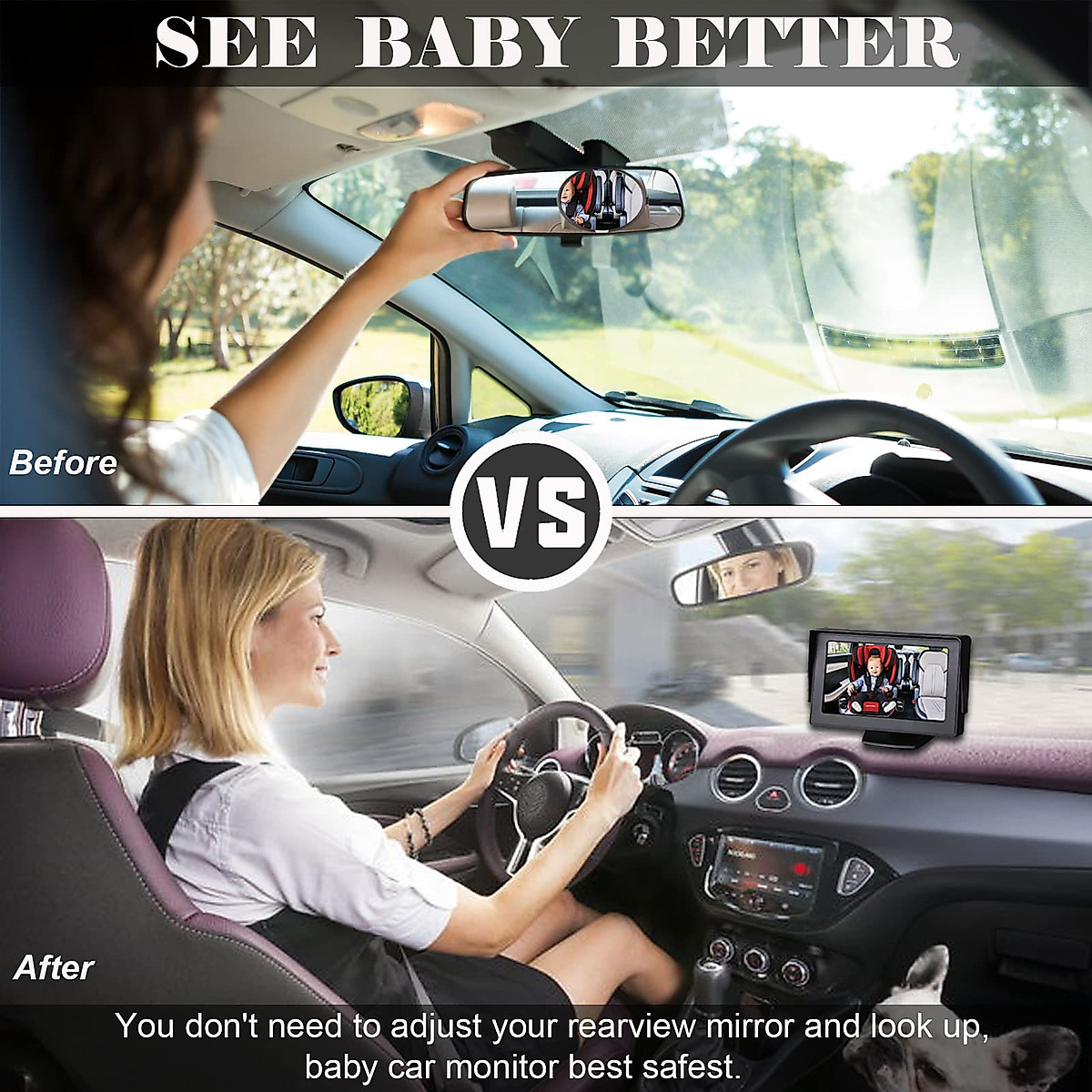 Baby Car Mirror, Baby Car Camera Monitor with 4.3'' HD Night Vision Display and The Car Seat Camera for Baby Rear Facing with Wide Clear View to Easily Observe The Baby's Move While Driving, SAMFIWI