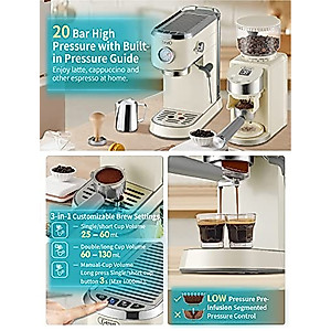 Gevi 20 Bar Compact Professional Espresso Coffee Machine with Milk Frother for Espresso, Latte and Cappuccino Burr Coffee Grinder with 35 Precise Grind Settings, Beige