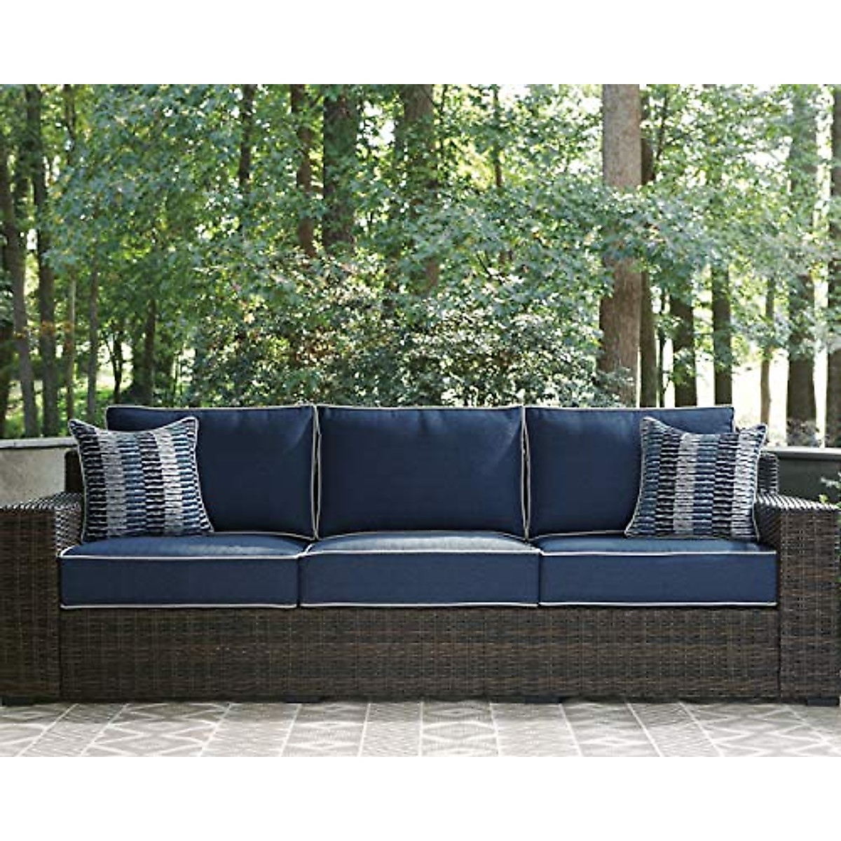 Signature Design by Ashley Grasson Lane Outdoor Patio Wicker Sofa with Cushion and 2 Pillows, Brown & Blue