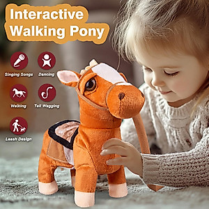 Walking Pony Toy Musical Singing Dancing Plush Interactive Pony Walk Along Horse with Leash Plush Stuffed Animal Shaking Head Buttocks Toy for Boy & Girl Kid Ages 3+ H: 11.81"