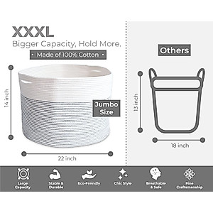 HOMYAM Throw Blanket Basket for Living Room | XXXLarge Rope Basket for Storage | Large Woven Basket for Storage | Pillow Basket & Blanket Holder for Bedroom | Woven Laundry Hamper Basket - 22" x 14"