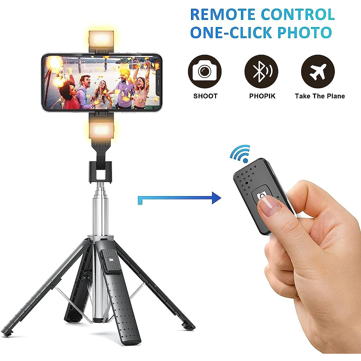 41” Selfie Stick Tripod Quadrapod with 2 Rechargeable Fill Light, Extendable Tripod with Bluetooth Remote, Stainless Steel, 3 Light Modes, 9 Brightness Levels, Compatible for All iPhone & Android