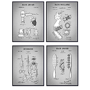Beauty Salon Patent Art Prints - Vintage Wall Art Poster Set - Chic Rustic Home Decor for Hair Studio, Bathroom, Bedroom - Gift for Women, Stylists, Hairdresser, Fashionista - 8x10 Photo - Unframed