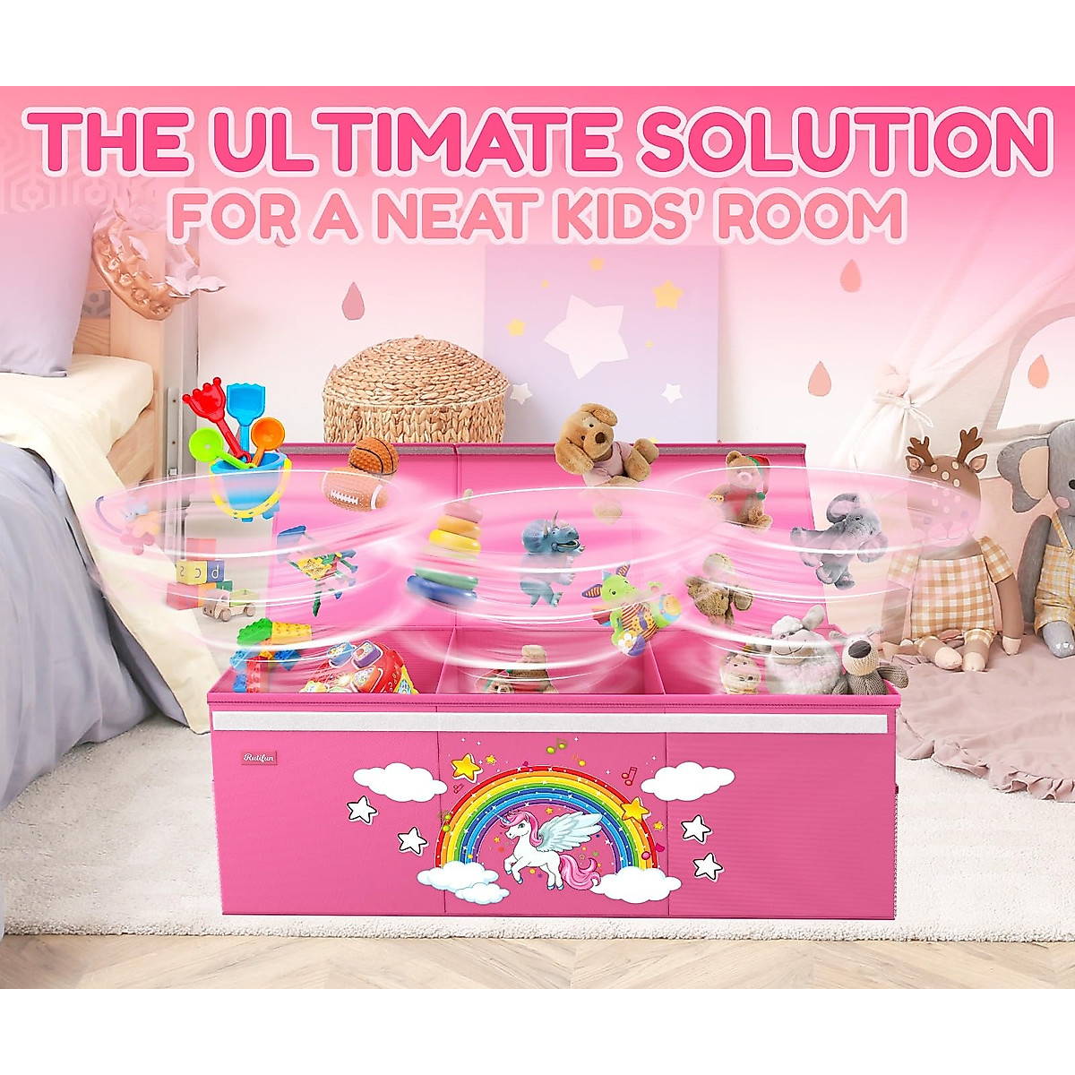 RUTIFUN Extra Large Kids Toy Storage Organizer, Collapsible Toy Baskets Storage, Large Toy Chest Basket with Lid, Unicorn Baby Toy Bins for Girls, Toy Box for Boys, w/Glow-in-the-Dark Stickers, Pink