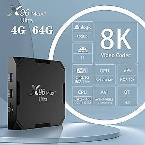 Sofobod Android11.0 Smart TV Box,Amlogic S905X4 64bit Quad Core Cortex A55 CPU, G31 MP2 GPU,4GB RAM 64GB ROM,USB 3.0,BT4.0, 2.4G/5G Dual Wi-Fi, 100M Ethernet, H.265 3D/4K/8K HDR:X96MAX+ Ultra 464
