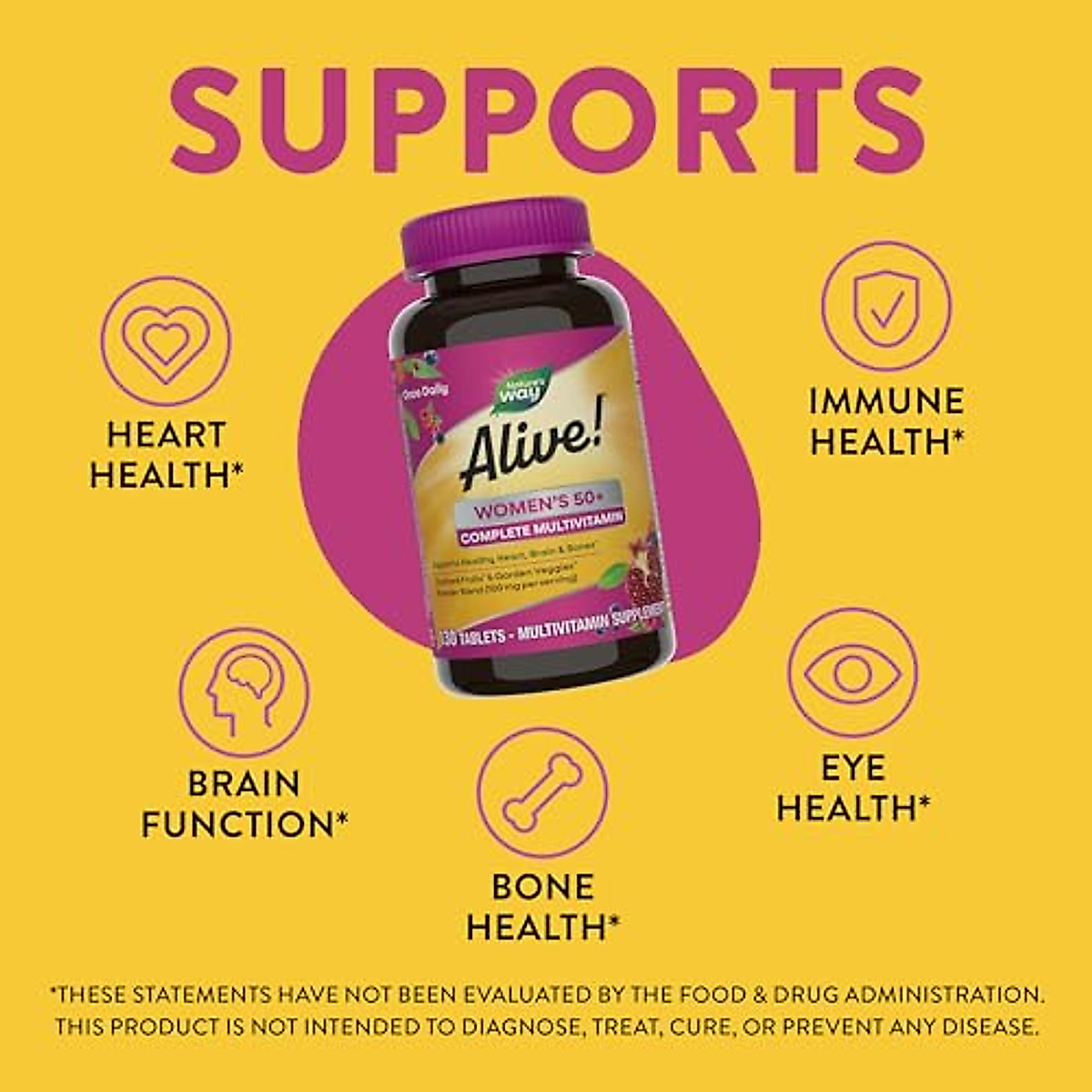 Nature's Way Alive! Women's 50+ Complete Multivitamin, Supports Healthy Heart, Brain, Bones*, B-Vitamins, Gluten Free, 130 Tablets (Packaging May Vary)