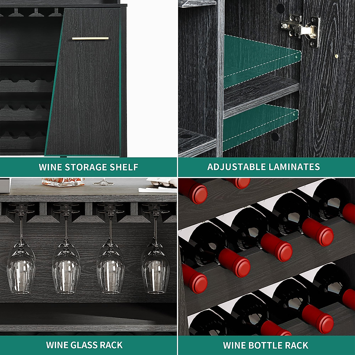 DWVO Bar Cabinet with LED Lights, 47'' Sideboard Buffet Coffee Bar Cabinet with Wine Rack and Glass Holder, Liquor Cabinet with Adjustable Shelf for Living Room, Kitchen, Dining Room, Black