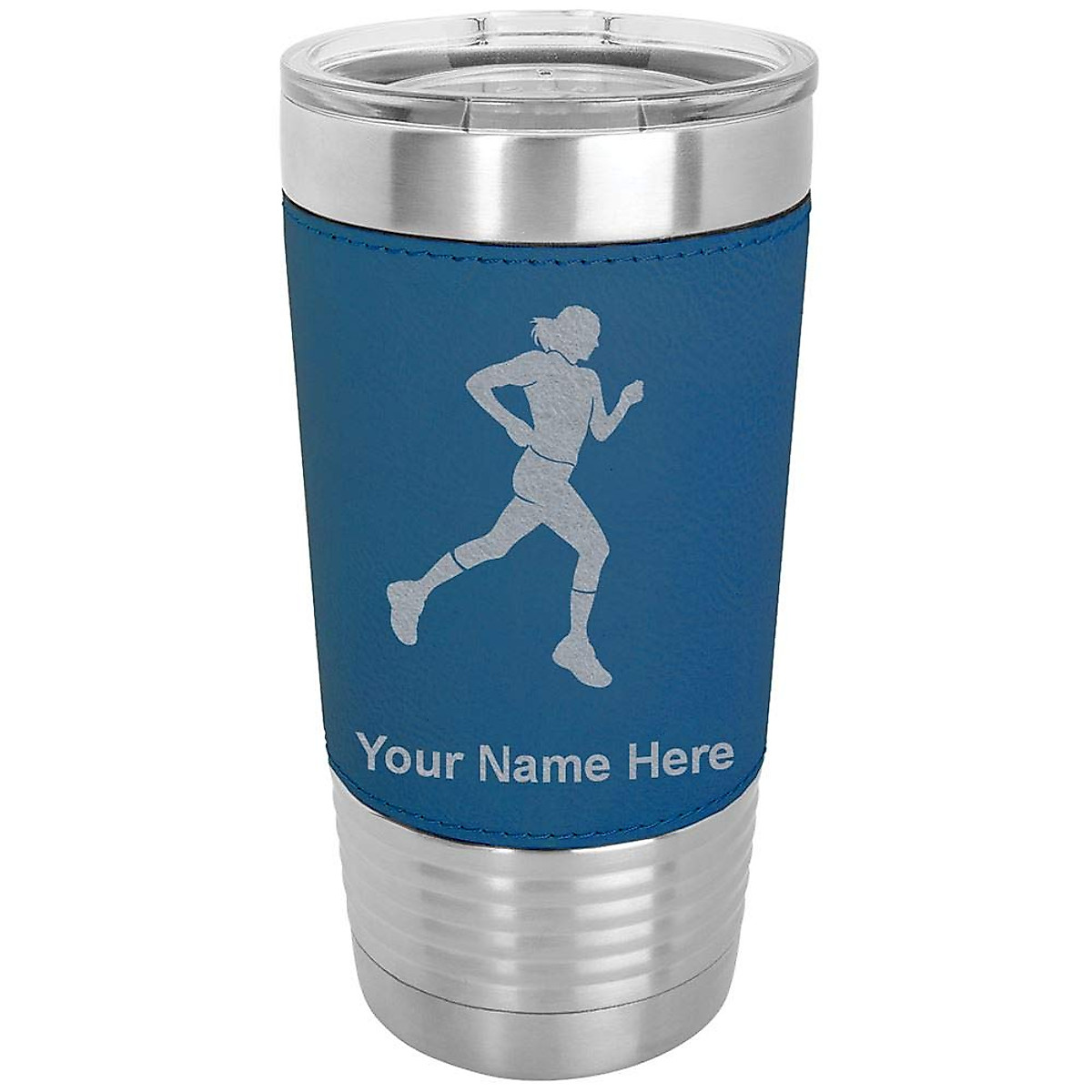 LaserGram 20oz Vacuum Insulated Tumbler Mug, Running Woman, Personalized Engraving Included (Faux Leather, Blue)