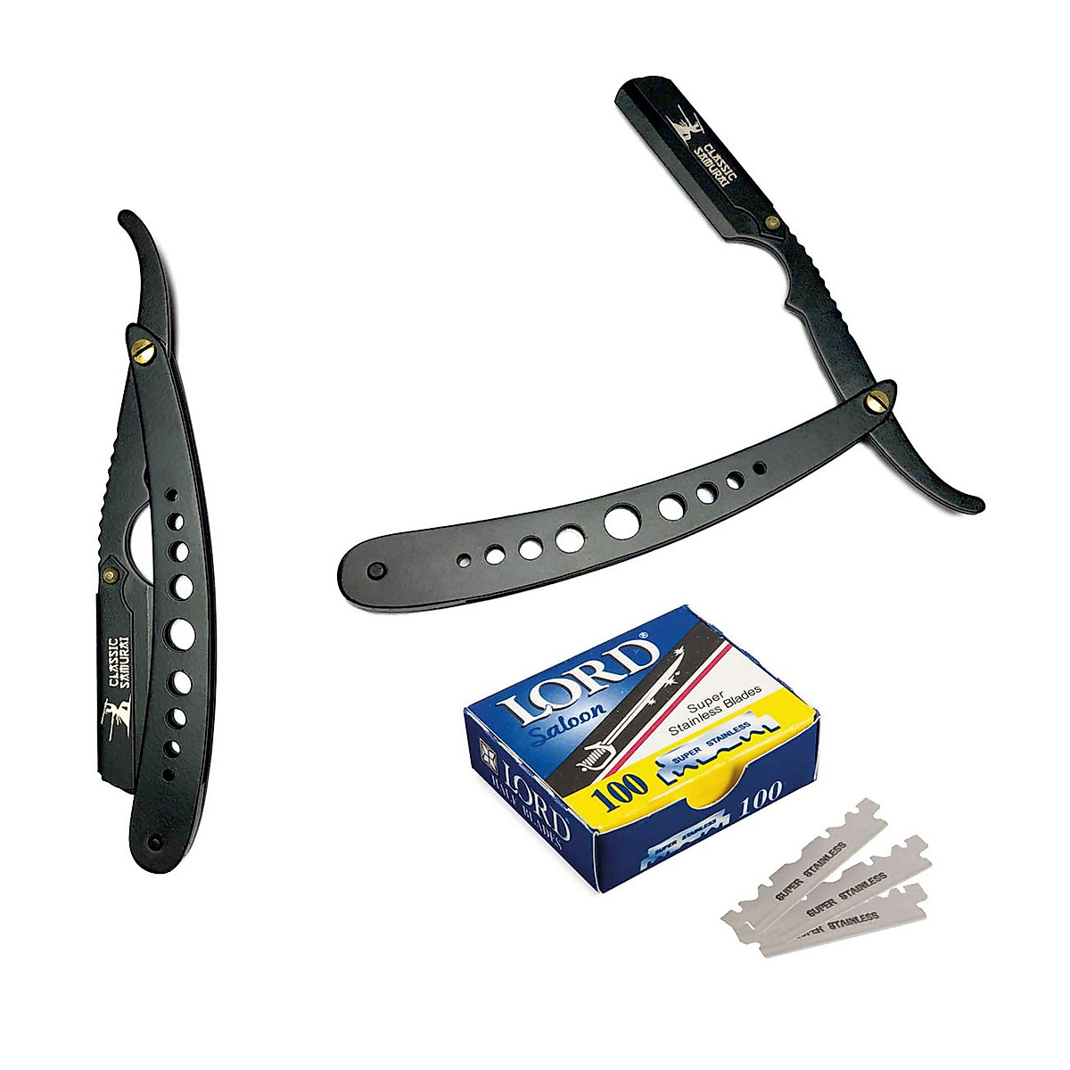 Classic Samurai New Ergonomic Design Stainless Steel Professional Folding Straight Edge Barber Razor Shavette Manual Shaver with 100 Lord Single Blades (Matte Black + 100 Lord Blades)