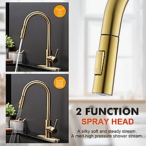 Tohlar Gold Kitchen Faucets with Pull-Down Sprayer, Modern Kitchen Sink Faucet Stainless Steel Single Handle Kitchen Faucet with Deck Plate, Brushed Gold
