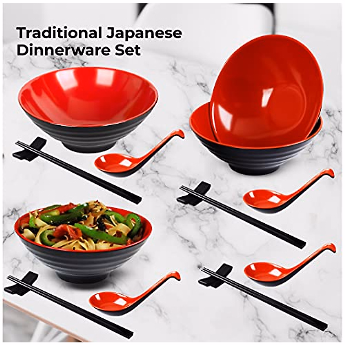 ANNIE'S KITCHEN Japanese Ramen Bowl Set of 4 Naruto Ramen Bowl With Chopsticks and Stands - Large Ramen Bowls Pho Bowls and Spoons Set 16 Piece Melamine (Red)
