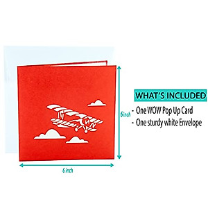 Red Airplane - WOW 3D Pop Up Card for All Occasions - Birthday, Congratulations, Good Luck, Anniversary, Get Well, Love, Good Bye