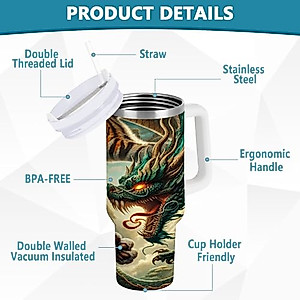 Maunzc 30 oz Tumbler with Handle and Straw, Insulated Stainless Steel Travel Mug with Lid for Coffee, Iced Tea, Water, Gift for Men Women (Tiger and Dragon Doing Battle)