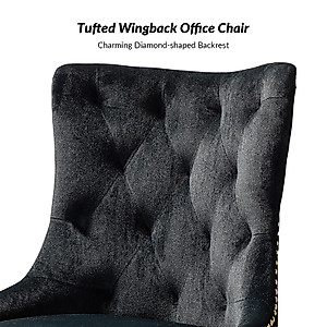 TINA'S HOME Velvet Armless Office Chair with Gold Base & Nailhead Trim, Modern Tufted Upholstered Desk Armchair Swivel Adjustable, Cute Wingback Computer Task Vanity Chair for Women, Black