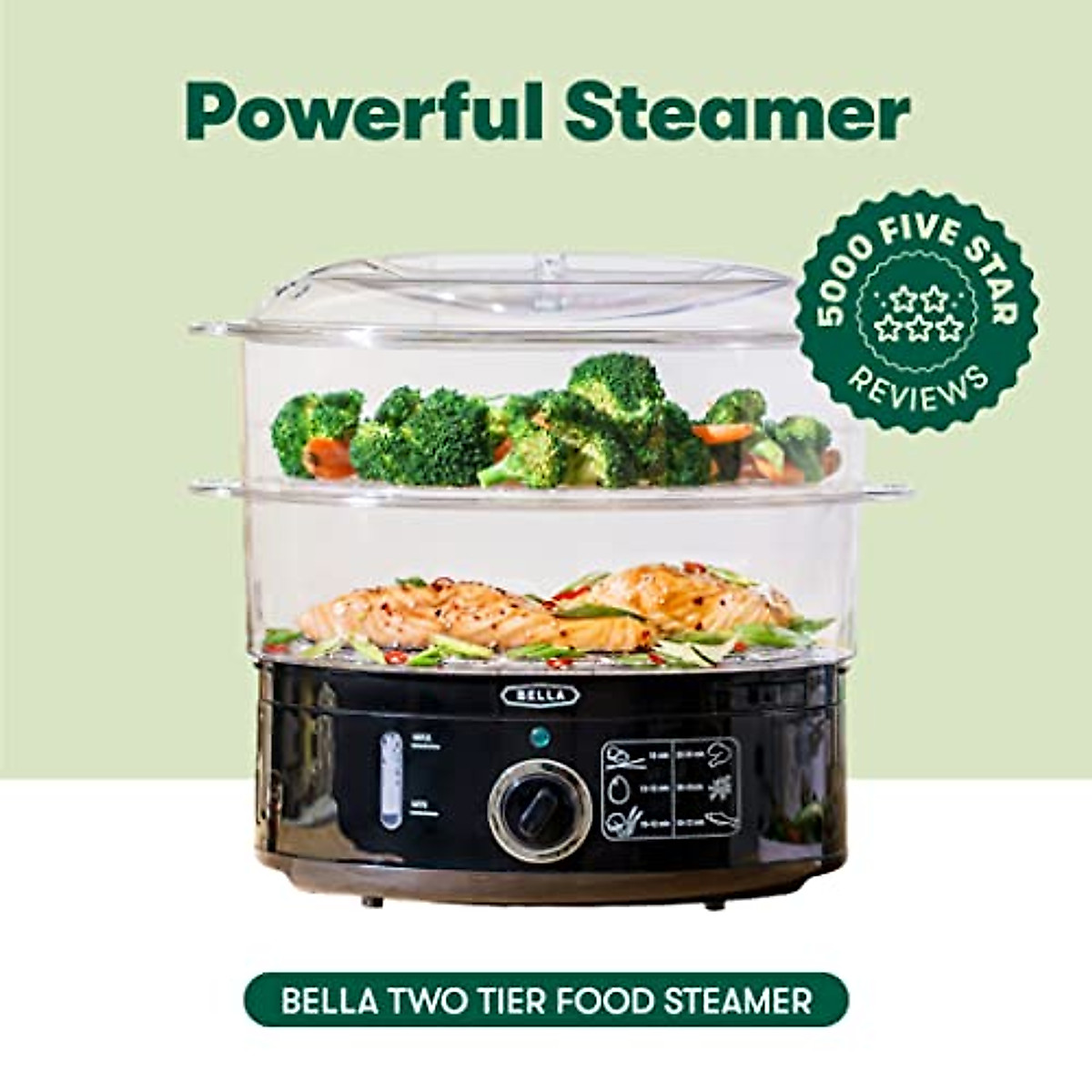 BELLA Two Tier Food Steamer, Healthy, Fast Simultaneous Cooking, Stackable Baskets for Vegetables or Meats, Rice/Grains Tray, Auto Shutoff & Boil Dry Protection, 7.4 QT, Black