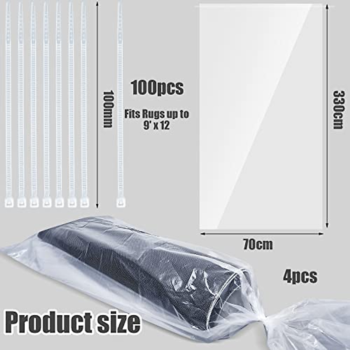 4 Pcs Rug Storage Bag and 100 Pcs Zip Tie 2 x 11 Ft Large Clear Carpet Bag Fits Rugs up to 9 x 12 Ft White Nylon Locking Cable Ties Plastic Area Rug Bag to Preserve Rolled Rugs for Moving or Storage
