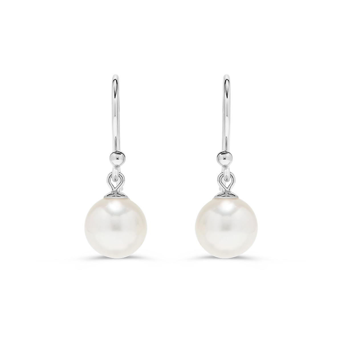 .925 Sterling Silver AAAA 7.5-8mm Round White Freshwater Cultured Pearl French Wire Hook Dangling Drop Earrings