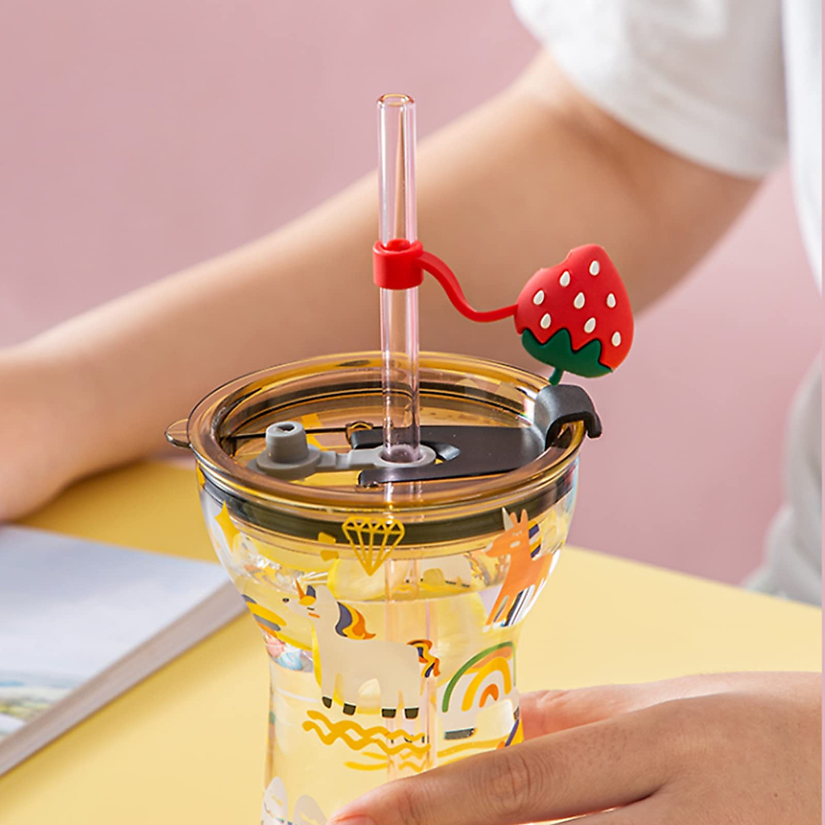Straw Covers Cap,20PCS Straw Toppers for Tumblers,Reusable Animals Fruit Straw Tips Cover for Outdoor Home Kitchen Party Decor,Duck Dinosaur Sun Silicone Straw Cover