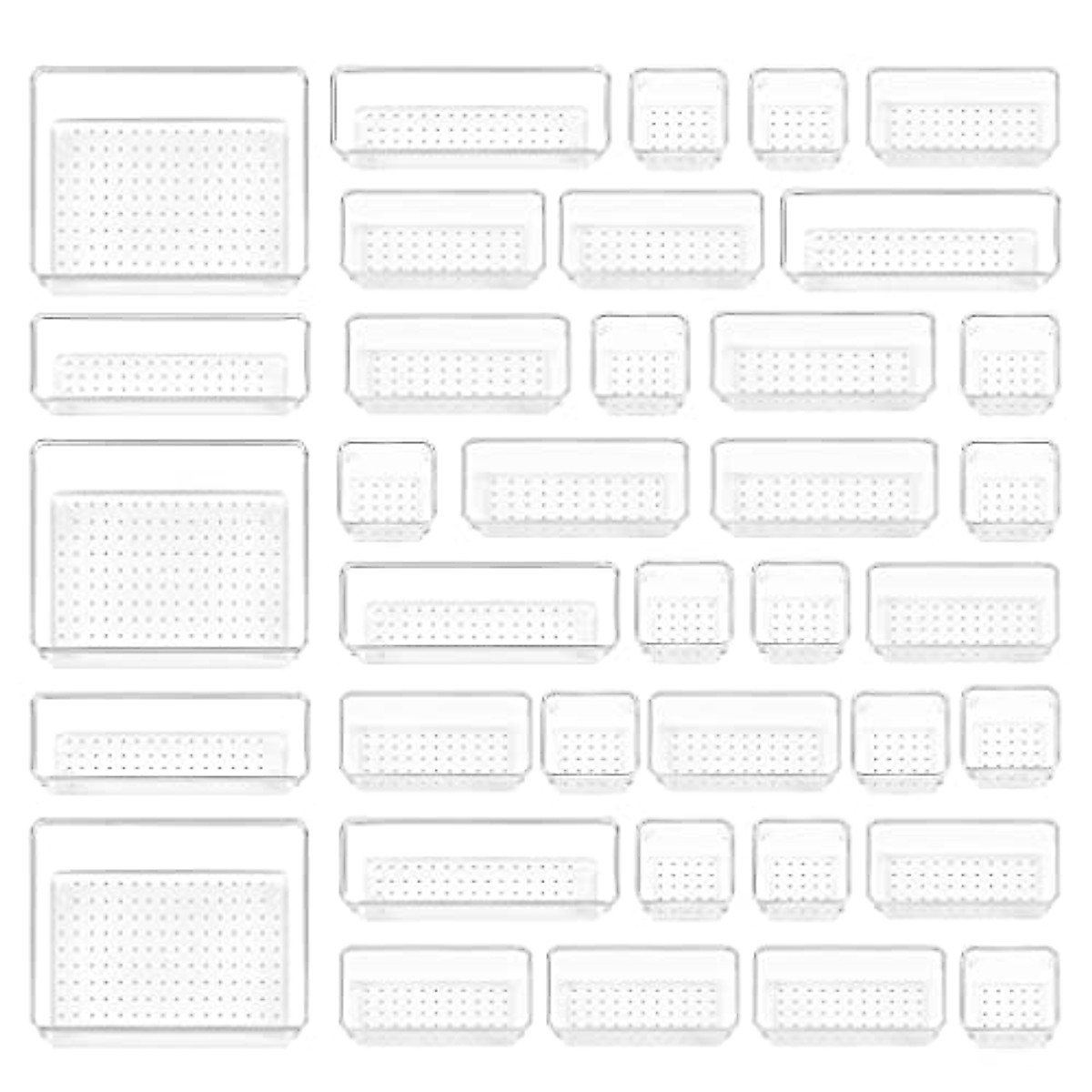 Vtopmart 37 PCS Clear Plastic Drawer Organizers Set, 4-Size Versatile Bathroom and Vanity Drawer Organizer Trays, Storage Bins for Makeup, Jewelries, Kitchen Utensils and Office