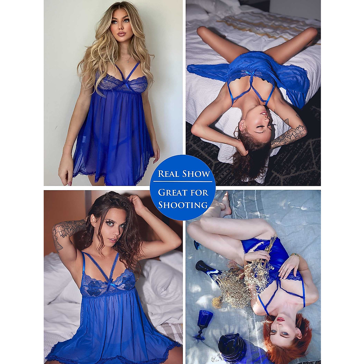 Avidlove Lace Chemise Lingerie for Women Brial Nightdress Sheer Mesh Nighty,Royal Blue,X-Small