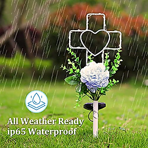 Joyathome 16 Inch Solar Cross Garden Stake Lights with 1 Artificial Flower Metal Garden Art for Patio Lawn Garden Decor Solar Outdoor Love Sign for Gravesites Memorial and Ideal Gifts for Loved Ones