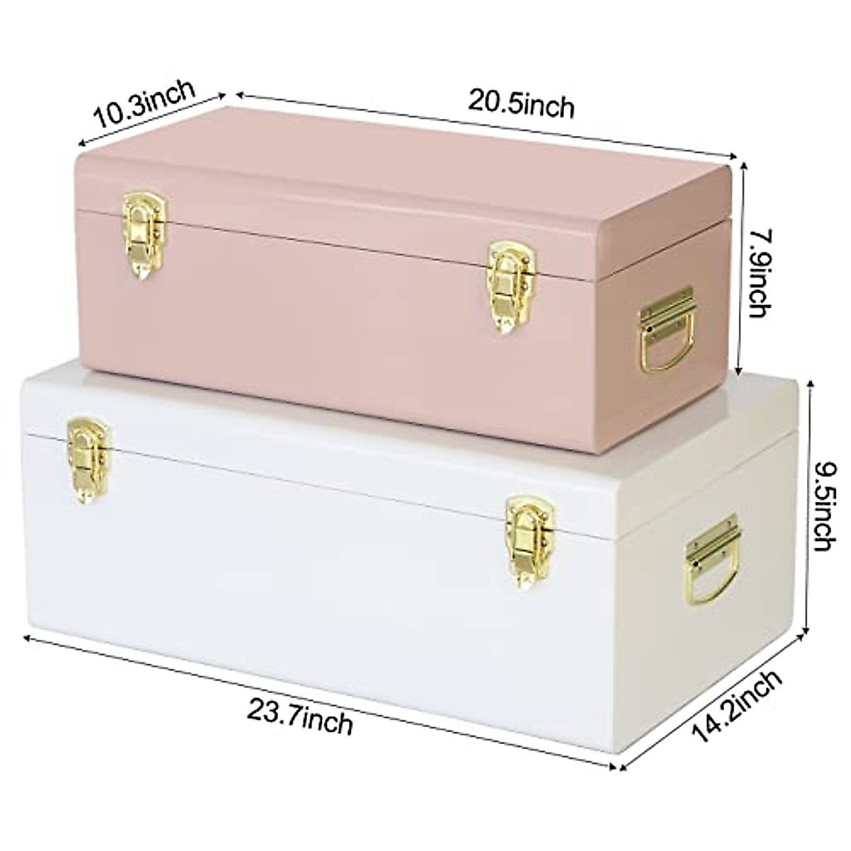 Vixdonos Metal Trunks College Dorm Steel Chests Decorative Storage Box Set of 2 Clothes Organizer for Home Decor,23.7X14.2X9.5 Inches(Pink and White)