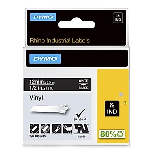 DYMO Rhino Industrial Vinyl Labels, 1/2", White Print on Black Tape