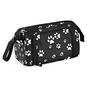Yasala Pencil Case White Dog Cat Paw Print Black Pen Pouch Holder Art Kits Storage Bag Cosmetic Organizer Carrying Case for Office Supplies Travel Bag for Makeup Large Stationary Bag with Handle