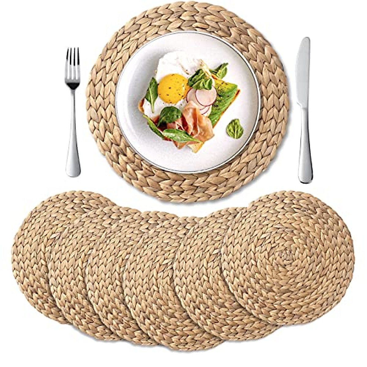 YANGQIHOME 6 Pack, Round Woven Placemats, Natural Water Hyacinth Place mats, Braided Straw Table Mats for Dining Table (13.8 inch)