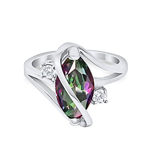 Blue Apple Co. 3 Stone Swirl Fashion Ring Marquise Round Simulated Rainbow Cubic Zirconia 925 Sterling Silver Size-7