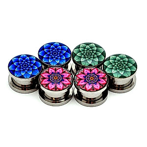 Mystic Metals Body Jewelry Set of 3 pairs Screw on Picture Plugs - Set #6 - (Blue Lotus, Green Lotus, Flower Mandala) - All 3 pairs included (2g (6mm))