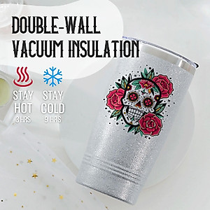 Onebttl Sugar Skull Gifts for Women, Day of the Dead, 20 oz Travel Tumbler with Lid, Brush, and Straw, Mexican Gifts, Silver Glitter