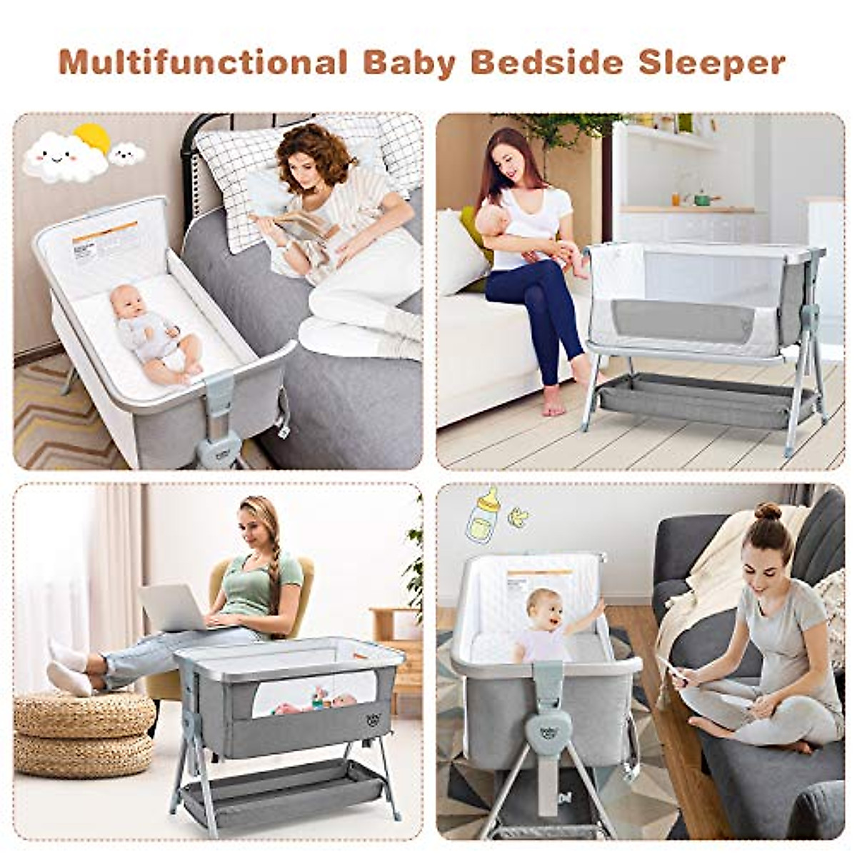 BABY JOY Bedside Bassinet, Portable Baby Crib w/Mattress, Two-Side Breathable Mesh, 7 Height Adjustable, Large Storage, Wheels for Easy Movement, Crib for Newborn Infant, Bassinet for Baby, Grey