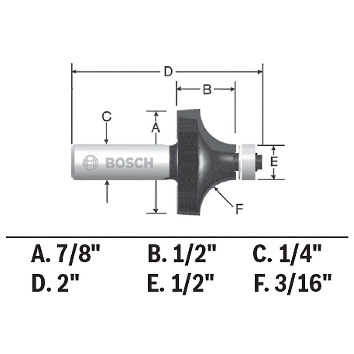 BOSCH 85293MC 3/16 In. x 1/2 In. Carbide-Tipped Roundover Router Bit