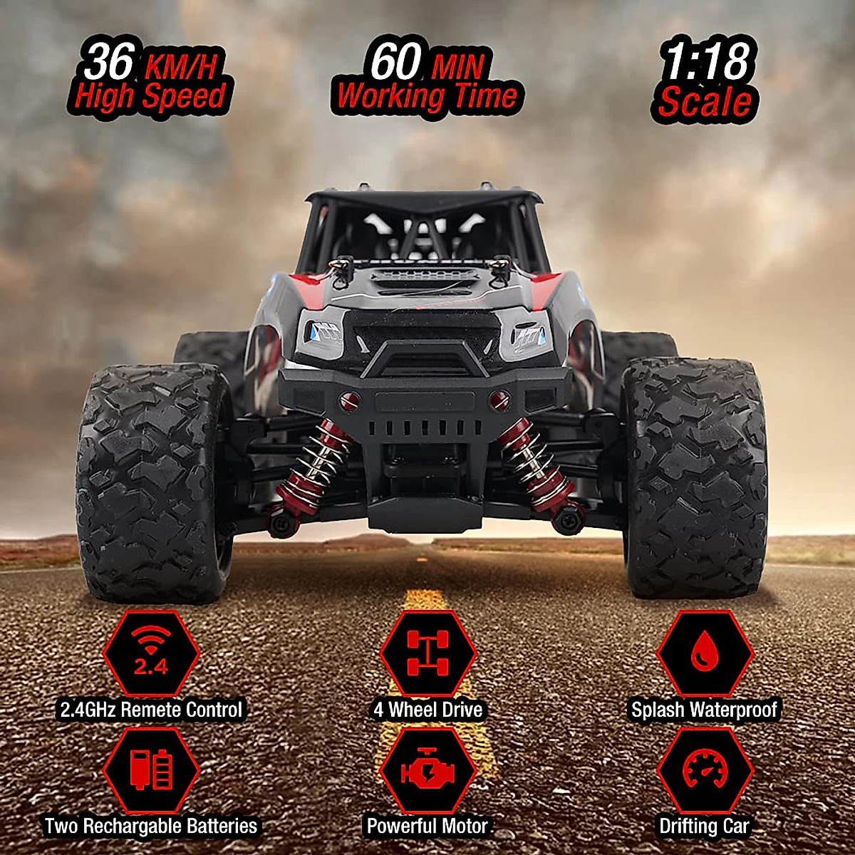 MaxTronic RC Cars,High Speed Remote Control Car for Adults,1:18 Scale 36 KM/H 4WD Off Road RC Monster Truck,All Terrain Electric Cars Two Rechargeable Batteries Included for Boys Girls