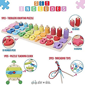 Montessori Fine Motor Skill Toys - Math Wooden Number Shape Set with Learning Clock and Lacing Beads Montessori Toy for Toddlers 3 4 5 Year Old Preschool Learning Toys, Sorting Stacking Counting
