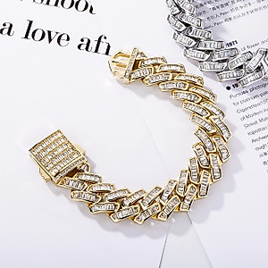 TOPGRILLZ 12mm/18mm Baguette Diamond Miami Cuban Link Bracelet for Men Women 6 Times 14K Gold Plated Solid CZ Jewelry Double Spring Clasp Gifts (18mm Gold, 8)