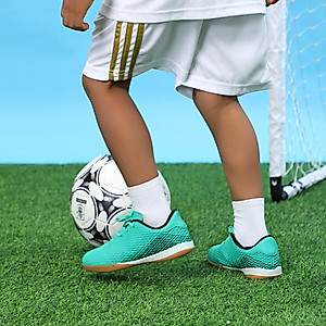 Hawkwell Unisex-Child Athletic Lace Up Boys Girls Indoor Trainer Soccer Shoe (Toddler/Little Kid/Big Kid), Green PU, 2 M US