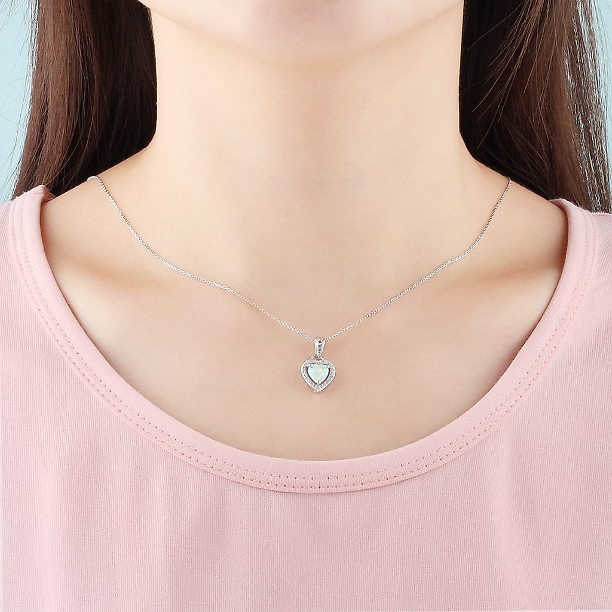 Lam Sence Sterling Silver Heart Shape Created Opal Pendant Necklace (6mm Opal Halo Heart)