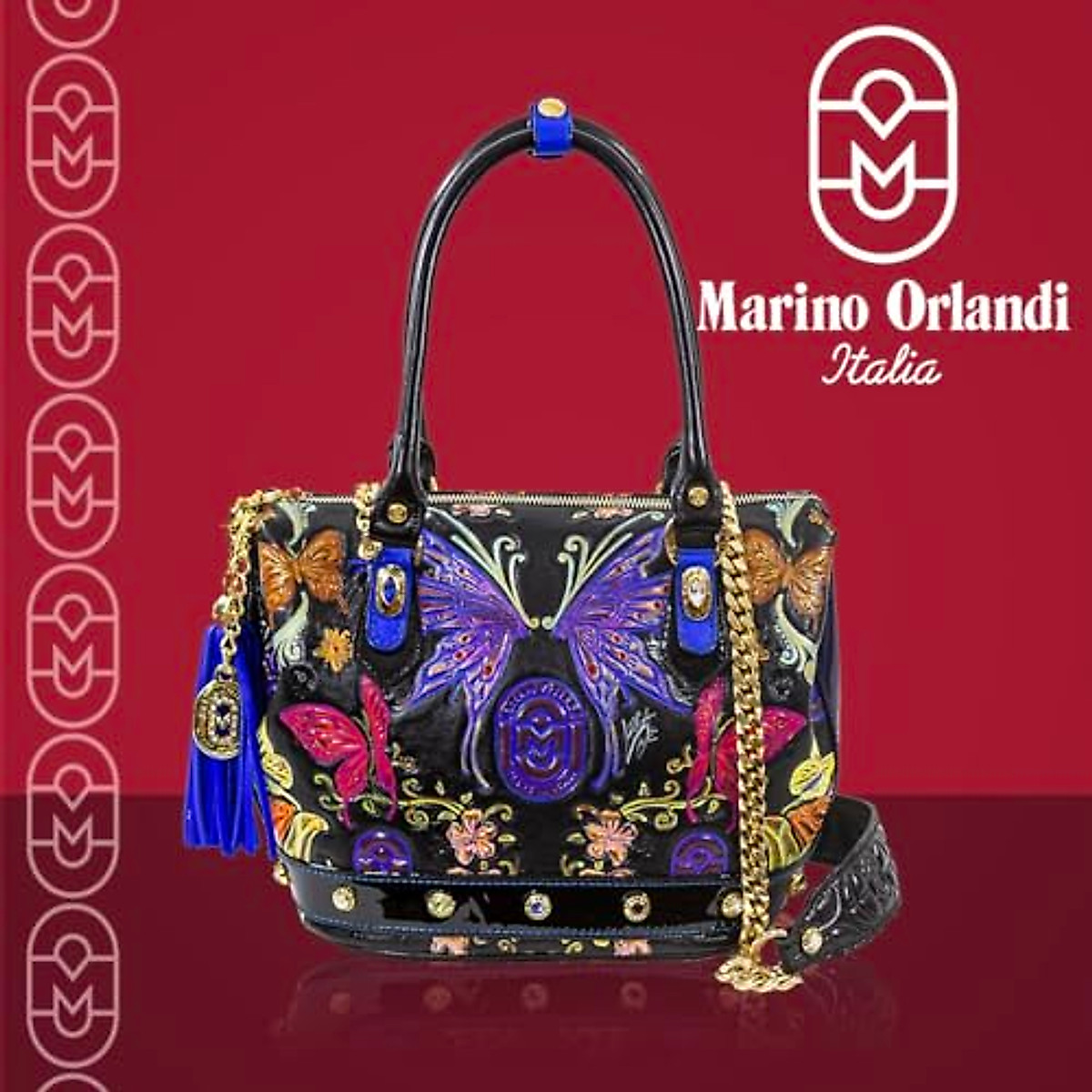 Marino Orlandi Tote Italian Designer Handpainted Fairies Onyx Genuine Leather Bag with Chain Strap