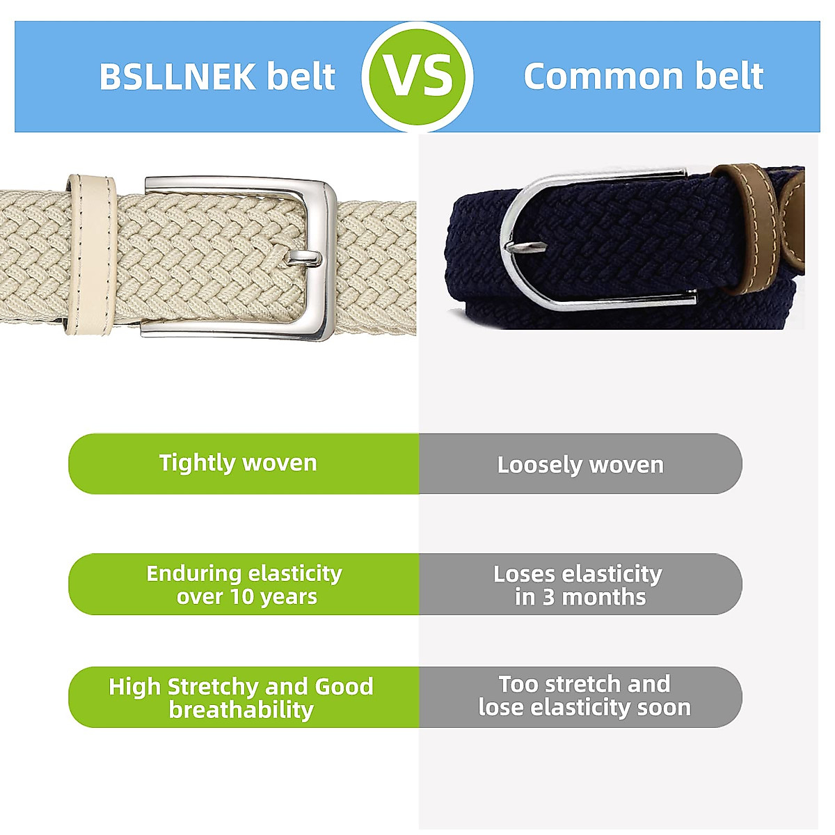 BSLLNEK Elastic Braided Belt, 1 3/8", Woven Stretch Belt for Golf Casual Jeans Shorts Pants (Beige, Medium (33-36" Waist))