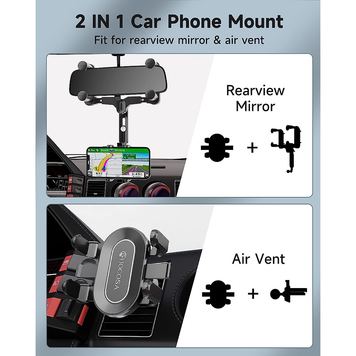 2in1 Phone Mount for Car Rearview Mirror & Air Vent, Super clamping force, Universal 360° Rotatable and Retractable Phone Holder Adjustable Multifunctional for Most Mobile Phones & Cradle Air Vent.
